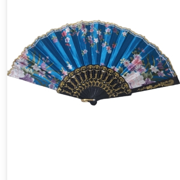 Accessories | Foldable Hand Made Fan Blue With Gold Trim | Poshmark